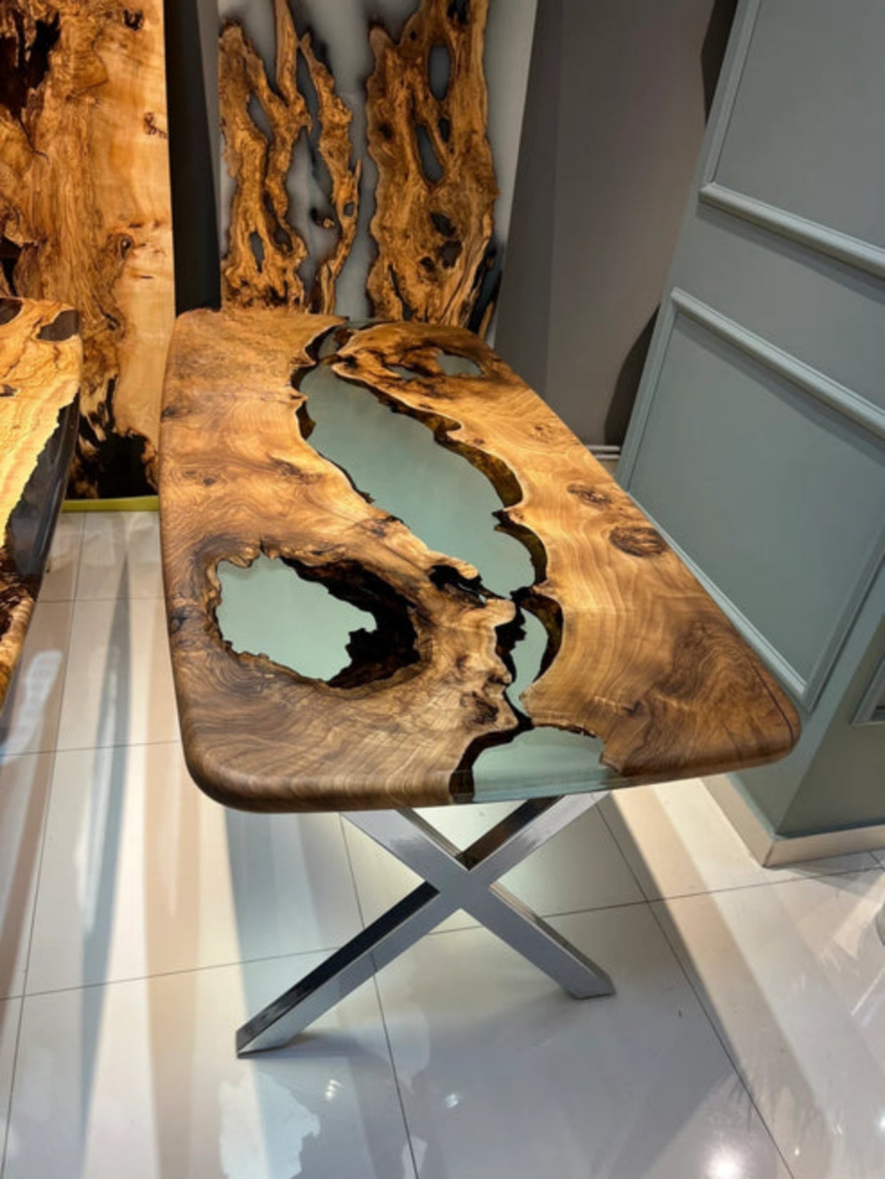 Light silver Wooden translucent Epoxy resin art Dining table without stand